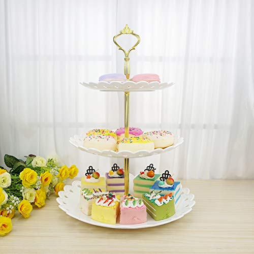 3-Tier White Gold Plastic Dessert Stand Pastry Stand Cake Stand Cupcake Stand Holder Serving Platter for Party Wedding Home Decor-Large-Set of 2