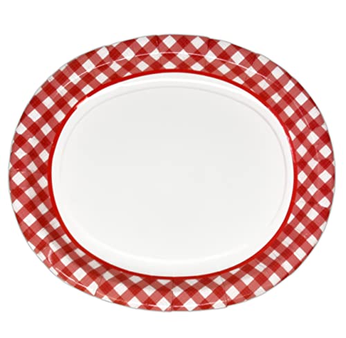 50 Gingham Oval Plates Paper 10" x 12" Summer Picnic BBQ Party Supplies Red and White Checkered Gingham Large Disposable Platter for Barbecue Burger Cookout Serving Tray Baby Shower Birthday Tableware