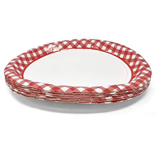 50 Gingham Oval Plates Paper 10" x 12" Summer Picnic BBQ Party Supplies Red and White Checkered Gingham Large Disposable Platter for Barbecue Burger Cookout Serving Tray Baby Shower Birthday Tableware