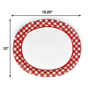 50 Gingham Oval Plates Paper 10" x 12" Summer Picnic BBQ Party Supplies Red and White Checkered Gingham Large Disposable Platter for Barbecue Burger Cookout Serving Tray Baby Shower Birthday Tableware