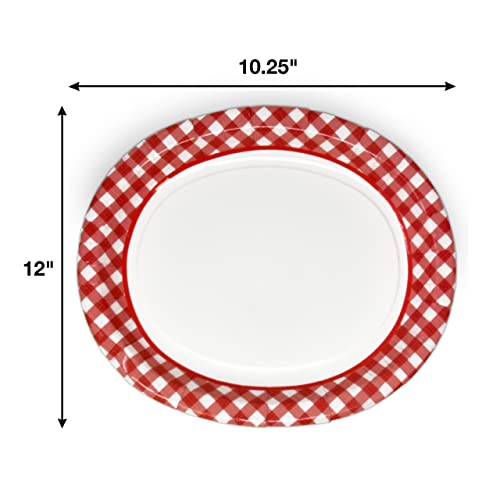 50 Gingham Oval Plates Paper 10" x 12" Summer Picnic BBQ Party Supplies Red and White Checkered Gingham Large Disposable Platter for Barbecue Burger Cookout Serving Tray Baby Shower Birthday Tableware