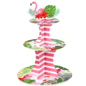 pink flamingo cupcake stand 3 tier hawaiian luau cake holder cardboard tropical leave dessert tower holder palm leave hibiscus flower cake stand for summer hawaiian birthday baby shower party supply