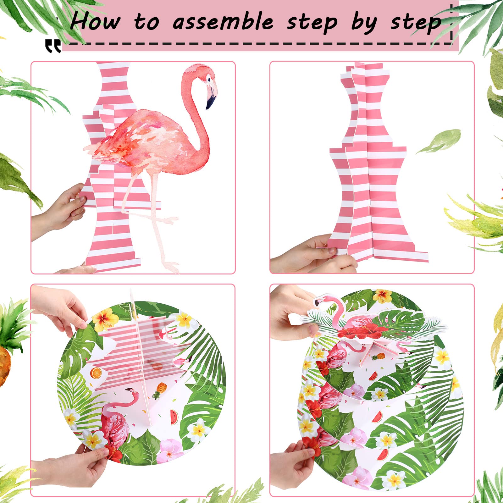 Pink Flamingo Cupcake Stand 3 Tier Hawaiian Luau Cake Holder Cardboard Tropical Leave Dessert Tower Holder Palm Leave Hibiscus Flower Cake Stand for Summer Hawaiian Birthday Baby Shower Party Supply