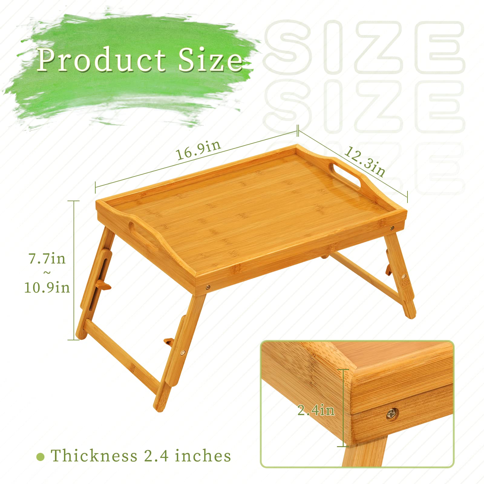 2 Pack Breakfast Bed Tray for Eating - Raised Food Table Up to 9.5" on Lap Sofa - Adjustable Bamboo Serving Tray - Portable Snack Platter with Folding Legs Ideal for Bedroom Picnic