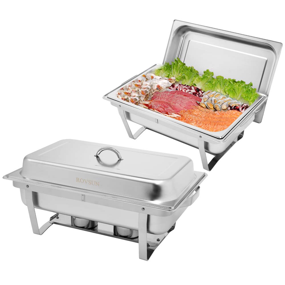 ROVSUN 8 Qt 2 Pack Full Size Stainless Steel Chafing Dishes Buffet Set, NSF Silver Rectangular Catering Chafer Warmer Set with Trays Pan Lid Folding Frame Stand for Kitchen Party Banquet Dining