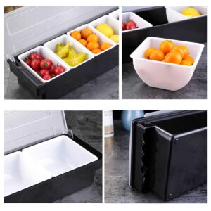 Tebery Large Black Ice Cooled Condiment Serving Container, 5 Compartment Condiment Server Caddy with Hinged Lid and 5 Removable Dishes, Chilled Garnish Tray Bar Caddy (5 Compartment Black)