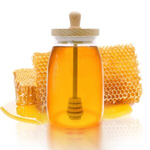 tofoan honey jar with dipper and lid cover crystal beehive glass honey pot for home kitchen store honey and syrup, clear gorgeous bee decor, honey container 17 oz (honey jar)