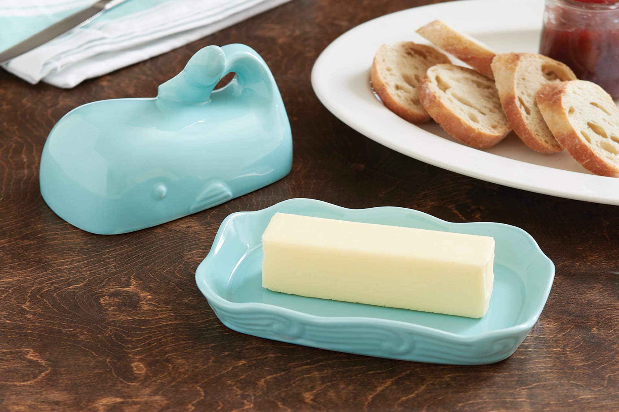 Fox Run Whale Ceramic Butter Dish with Lid, 7", Aqua Blue