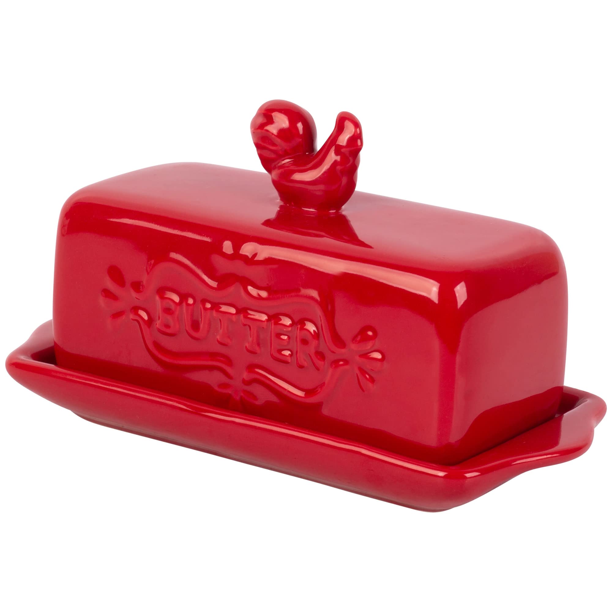 MosJos Butter Dish with Lid – Premium Butter Keeper with Rooster Finial – Ceramic Butter Dish for Countertop, Fridge – Beautiful Red Color and Practical Design – Ideal for Housewarming, Christmas