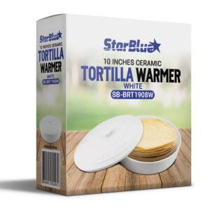 10 Inches Ceramic Tortilla Warmer by StarBlue with FREE Recipes ebook - White, Insulated One Hour and Holds up to 24 Tortillas,Chapati, Roti, Microwavable, Oven Safe