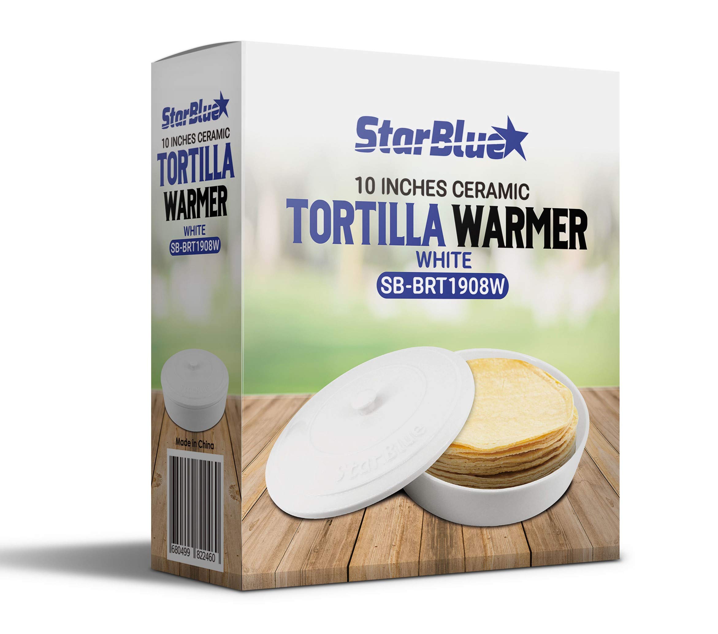 10 Inches Ceramic Tortilla Warmer by StarBlue with FREE Recipes ebook - White, Insulated One Hour and Holds up to 24 Tortillas,Chapati, Roti, Microwavable, Oven Safe