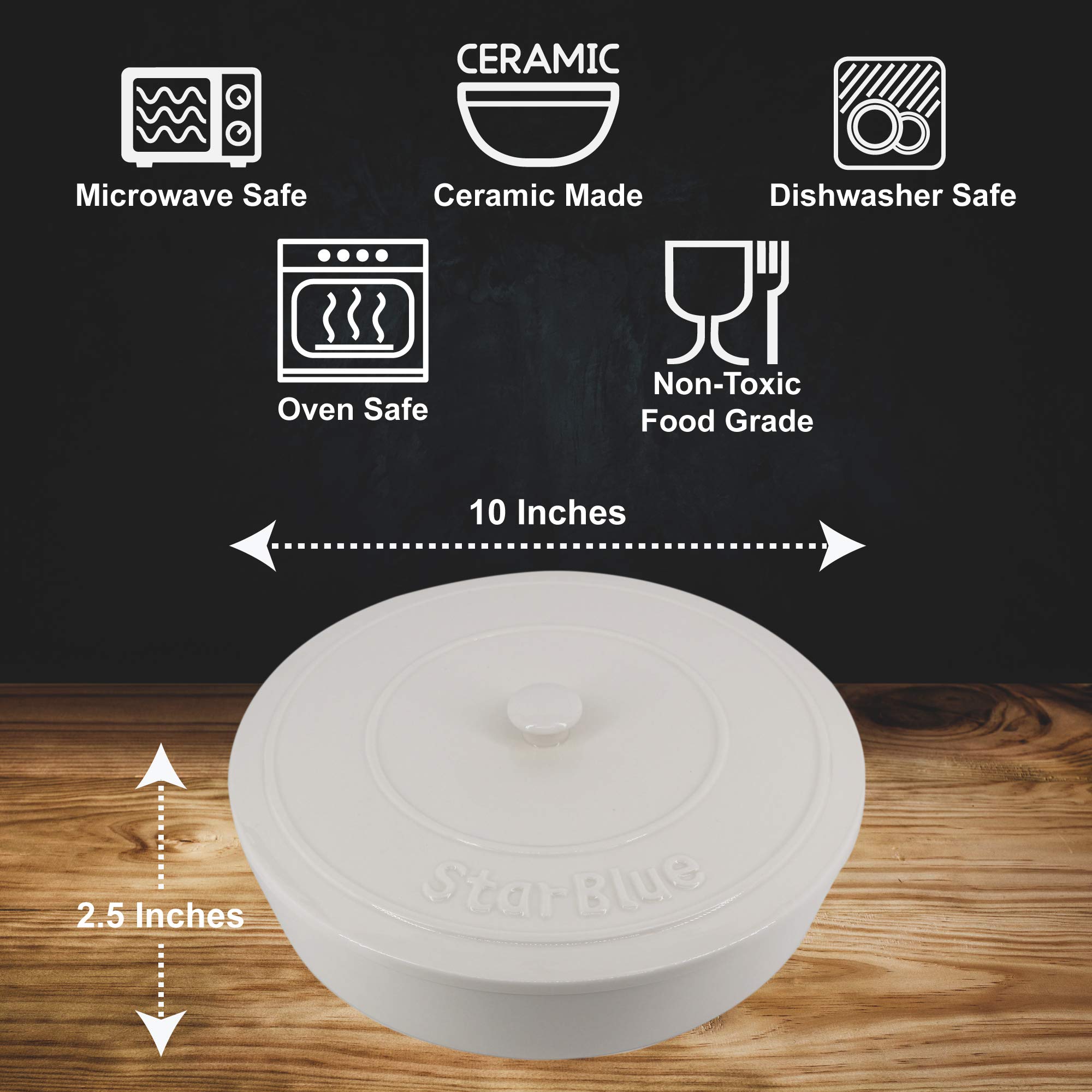 10 Inches Ceramic Tortilla Warmer by StarBlue with FREE Recipes ebook - White, Insulated One Hour and Holds up to 24 Tortillas,Chapati, Roti, Microwavable, Oven Safe