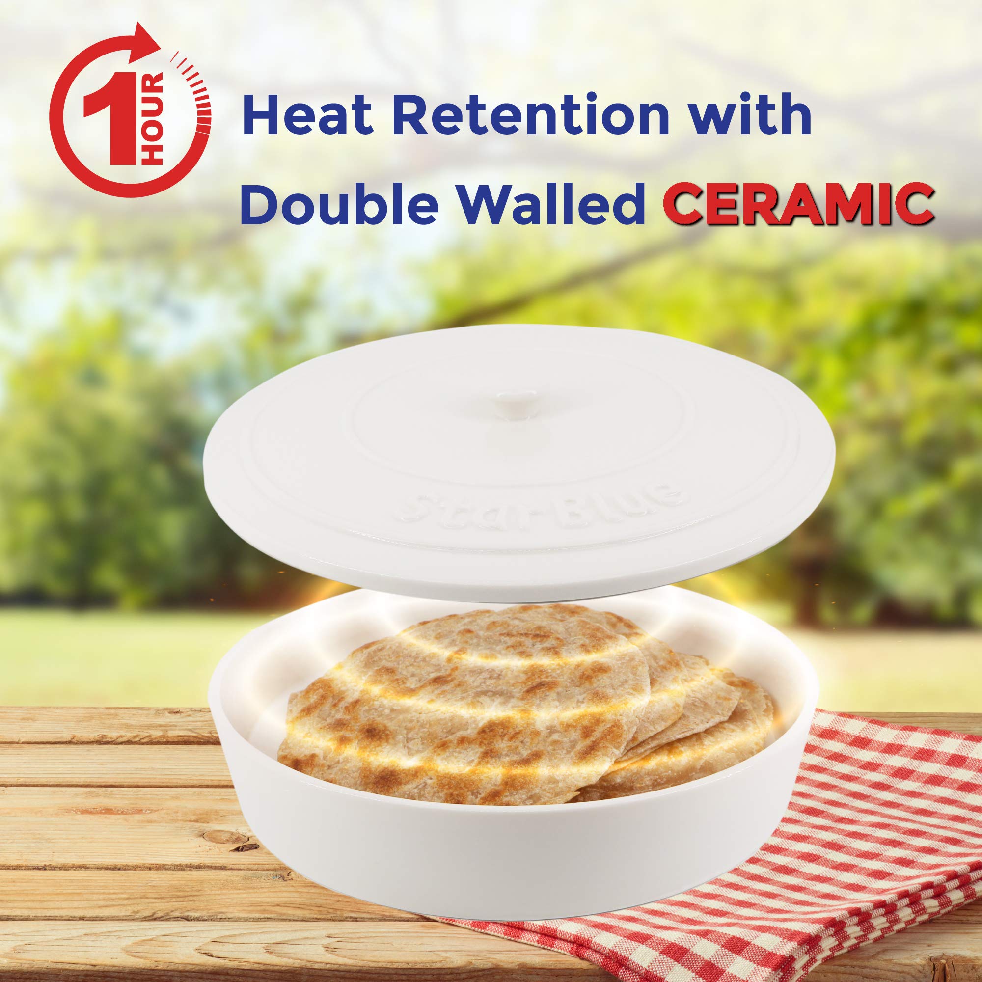 10 Inches Ceramic Tortilla Warmer by StarBlue with FREE Recipes ebook - White, Insulated One Hour and Holds up to 24 Tortillas,Chapati, Roti, Microwavable, Oven Safe