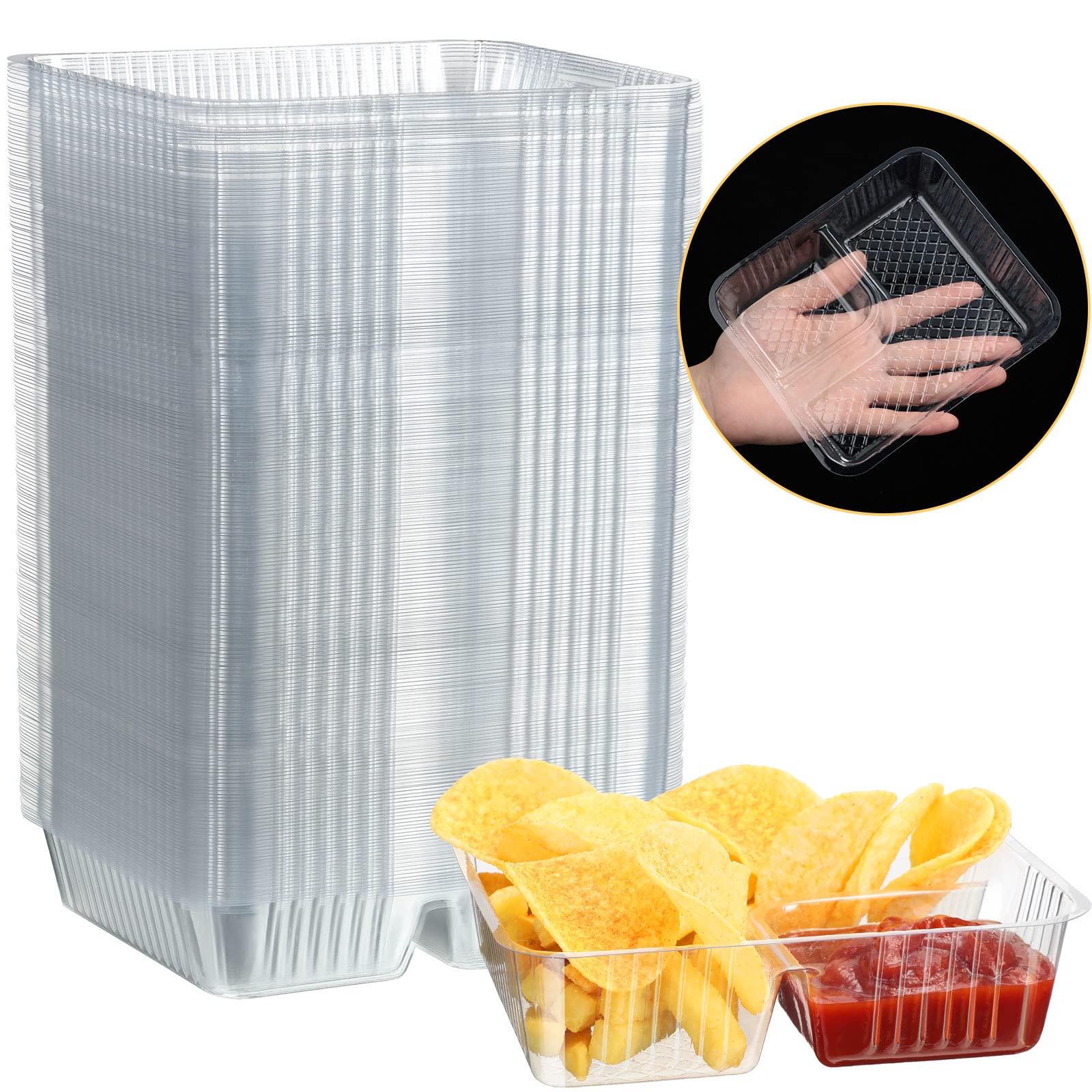 300 Pieces Nacho Trays Disposable 2 Compartment Food Tray Concession Stand Supplies Movie Night Snack Trays Clear Plastic Cheese Dip and Chip Holder for Candy Kids School Carnival (6 x 5 x 1.5 Inch)