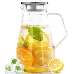 hihuos glass pitcher with lid : 68oz water pitcher with precise scale line, easy clean heat resistant iced tea pitcher, borosilicate glass carafe for juice, milk, beverages, mimosa bar