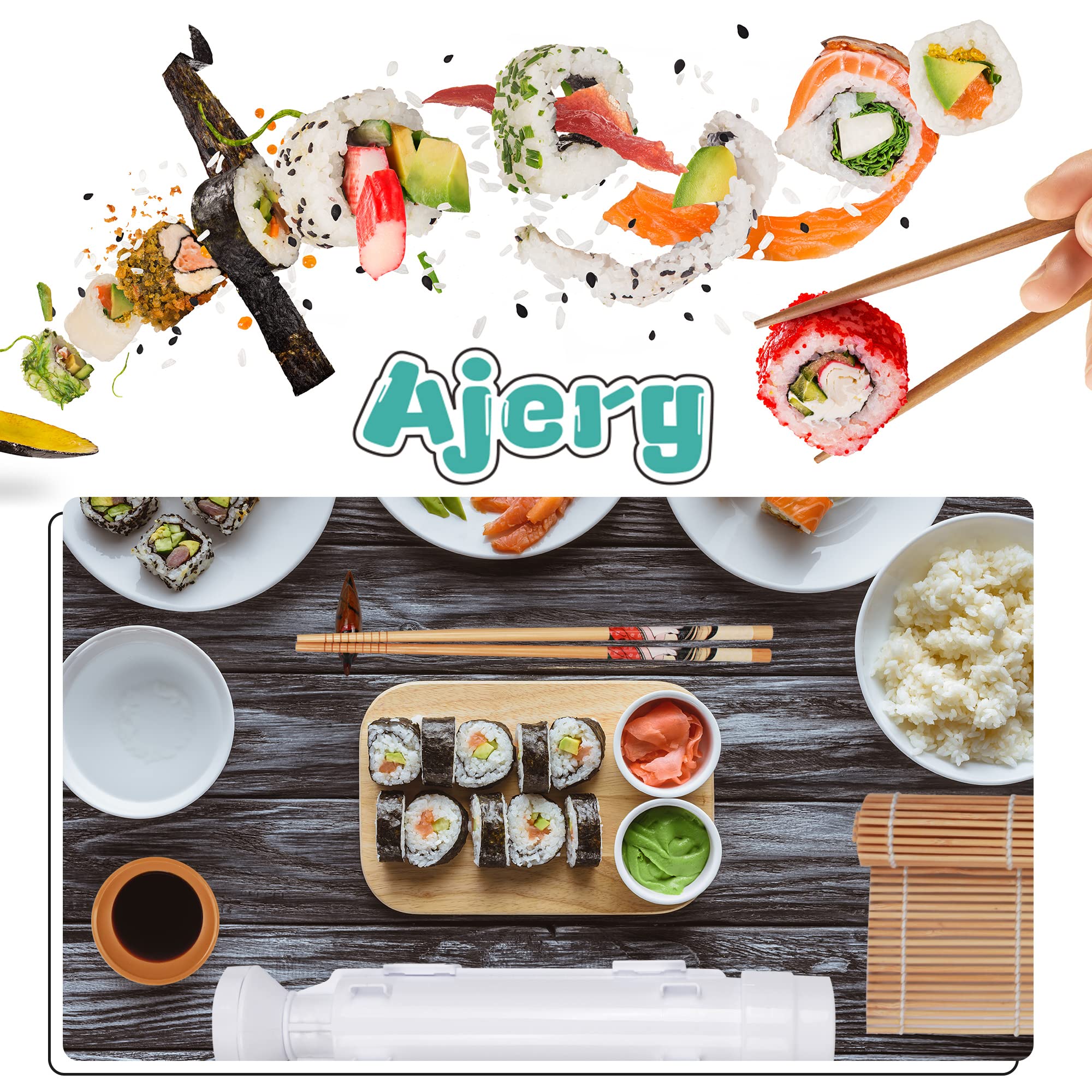 Ajerg Sushi Making Kit - DIY Sushi Roller Mold Maker Kit, Sushi Kit with Bamboo Sushi Rolling Mat, Sushi Bazooka Kit, Rice Mold