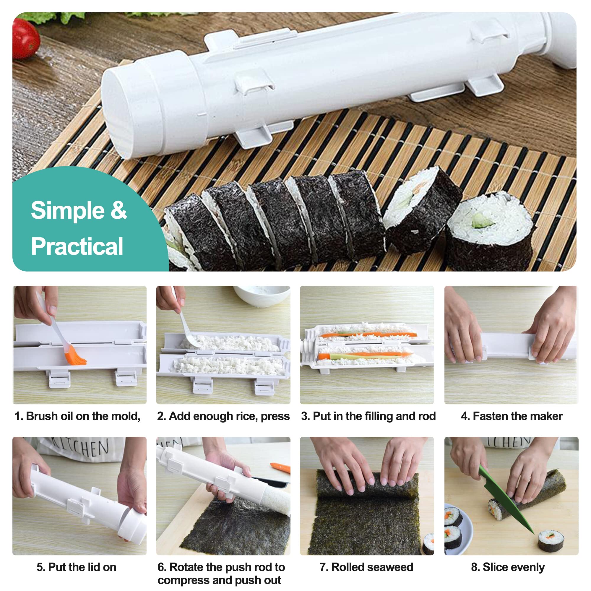 Ajerg Sushi Making Kit - DIY Sushi Roller Mold Maker Kit, Sushi Kit with Bamboo Sushi Rolling Mat, Sushi Bazooka Kit, Rice Mold