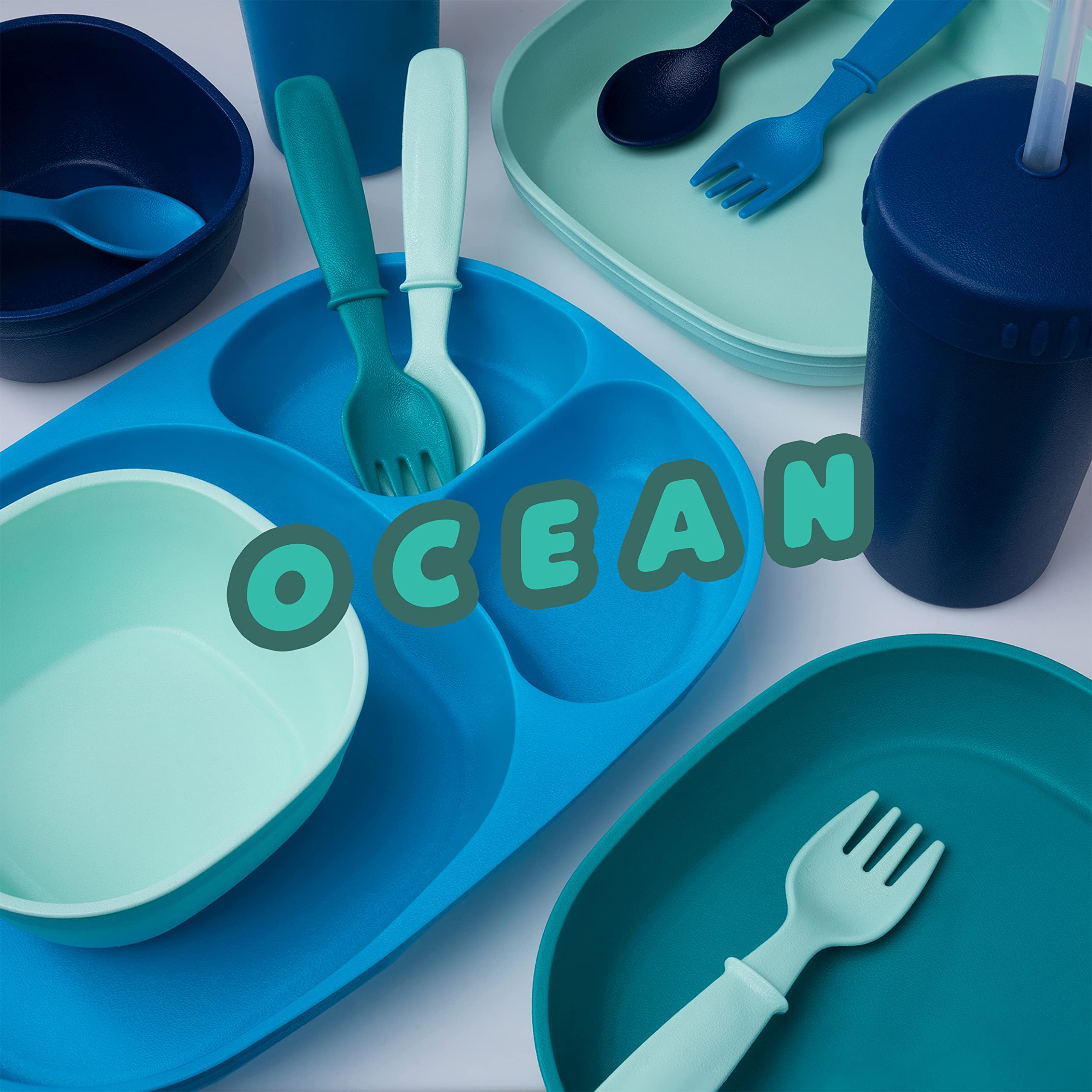 MightyMoe Kid’s Dinnerware Set - 28 Pieces, 4 Place Settings - Ocean Color Set - Tough Tableware for Toddlers - Made in the USA - Dishwasher and Microwave Safe - BPA Free and Shatter Resistant