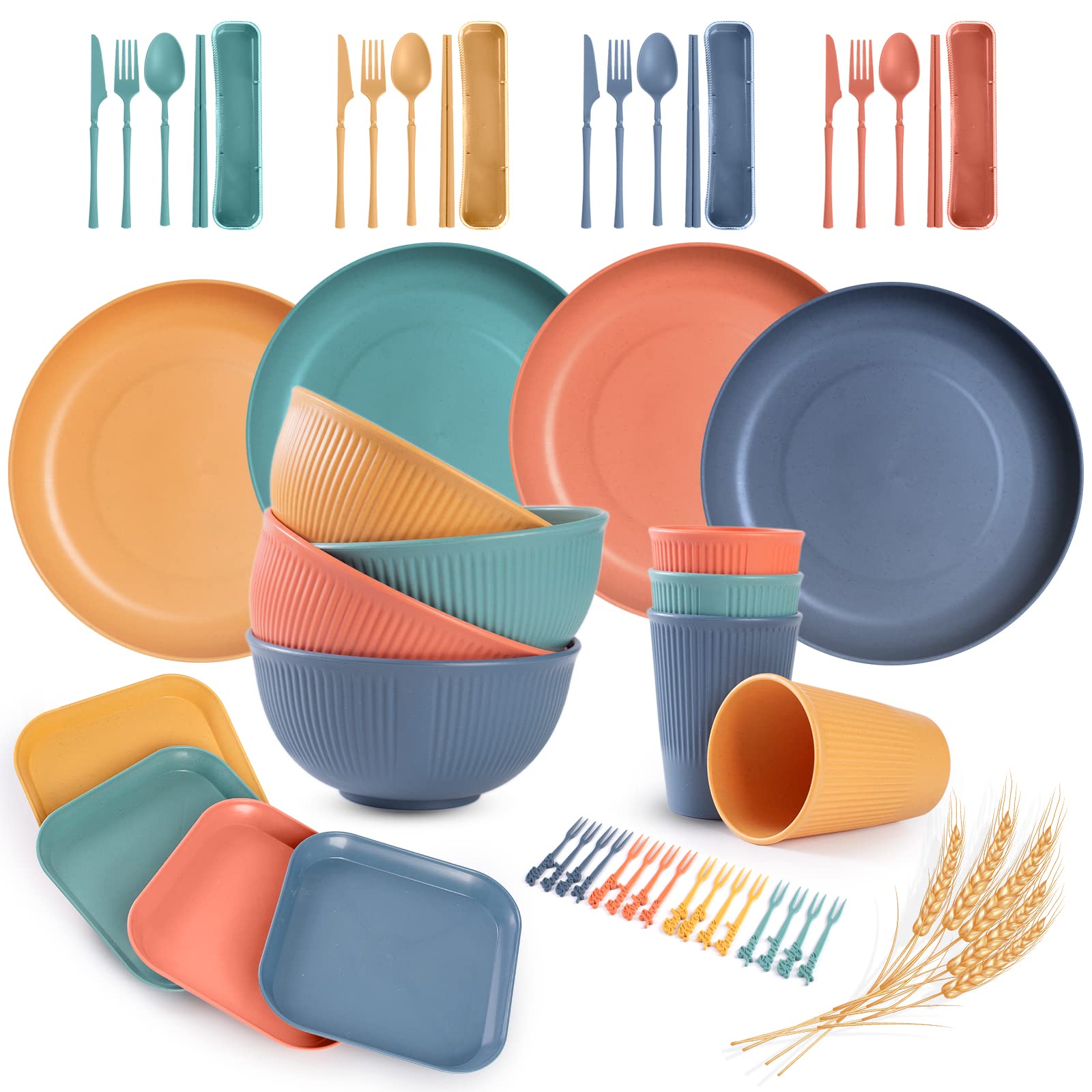 62PCS Wheat Straw Dinnerware Sets for 4, Reusable Unbreakable Dinnerware Set for Kids Adults, Microwave Safe, Lightweight Camping Plates Cups and Bowls Set for Dorm Kitchen Picnic Rv Dishes