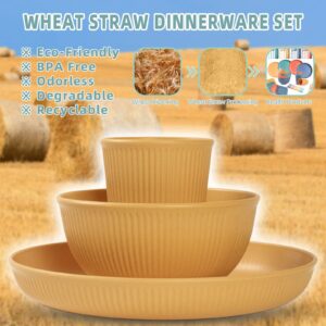 62PCS Wheat Straw Dinnerware Sets for 4, Reusable Unbreakable Dinnerware Set for Kids Adults, Microwave Safe, Lightweight Camping Plates Cups and Bowls Set for Dorm Kitchen Picnic Rv Dishes