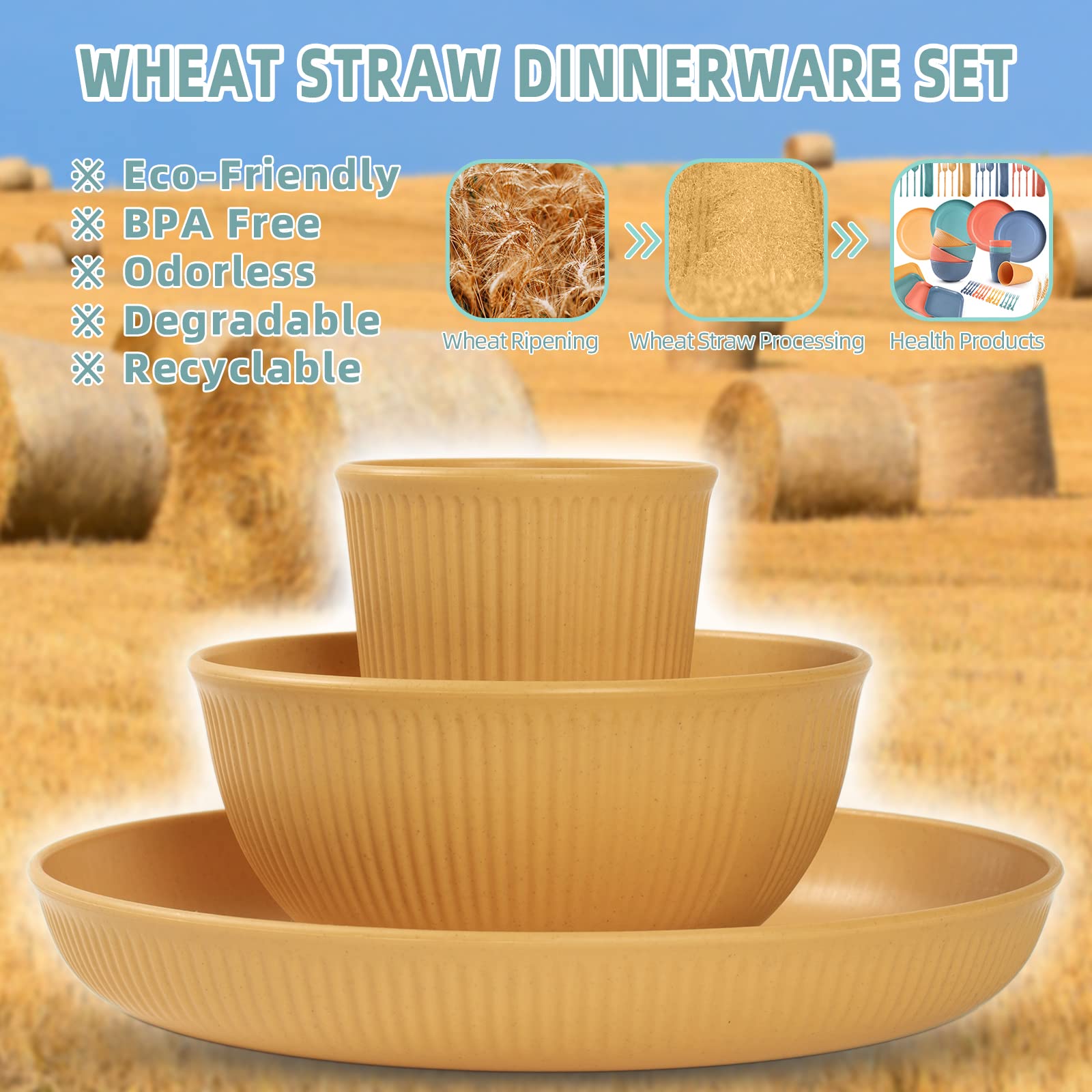 62PCS Wheat Straw Dinnerware Sets for 4, Reusable Unbreakable Dinnerware Set for Kids Adults, Microwave Safe, Lightweight Camping Plates Cups and Bowls Set for Dorm Kitchen Picnic Rv Dishes