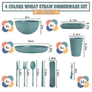 62PCS Wheat Straw Dinnerware Sets for 4, Reusable Unbreakable Dinnerware Set for Kids Adults, Microwave Safe, Lightweight Camping Plates Cups and Bowls Set for Dorm Kitchen Picnic Rv Dishes