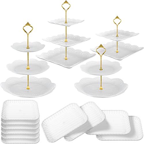 14 Pieces Tiered Cupcake Stand Set Gold 2-Tier 3-Tier Serving Stand Tower Tray with Round Rectangle Food Serving Trays Long Slim Dessert Stand for Party Baby Shower Wedding (White Lace Style)