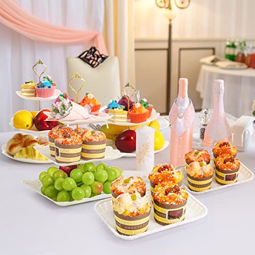 14 Pieces Tiered Cupcake Stand Set Gold 2-Tier 3-Tier Serving Stand Tower Tray with Round Rectangle Food Serving Trays Long Slim Dessert Stand for Party Baby Shower Wedding (White Lace Style)