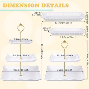 14 Pieces Tiered Cupcake Stand Set Gold 2-Tier 3-Tier Serving Stand Tower Tray with Round Rectangle Food Serving Trays Long Slim Dessert Stand for Party Baby Shower Wedding (White Lace Style)