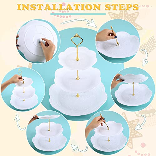 14 Pieces Tiered Cupcake Stand Set Gold 2-Tier 3-Tier Serving Stand Tower Tray with Round Rectangle Food Serving Trays Long Slim Dessert Stand for Party Baby Shower Wedding (White Lace Style)