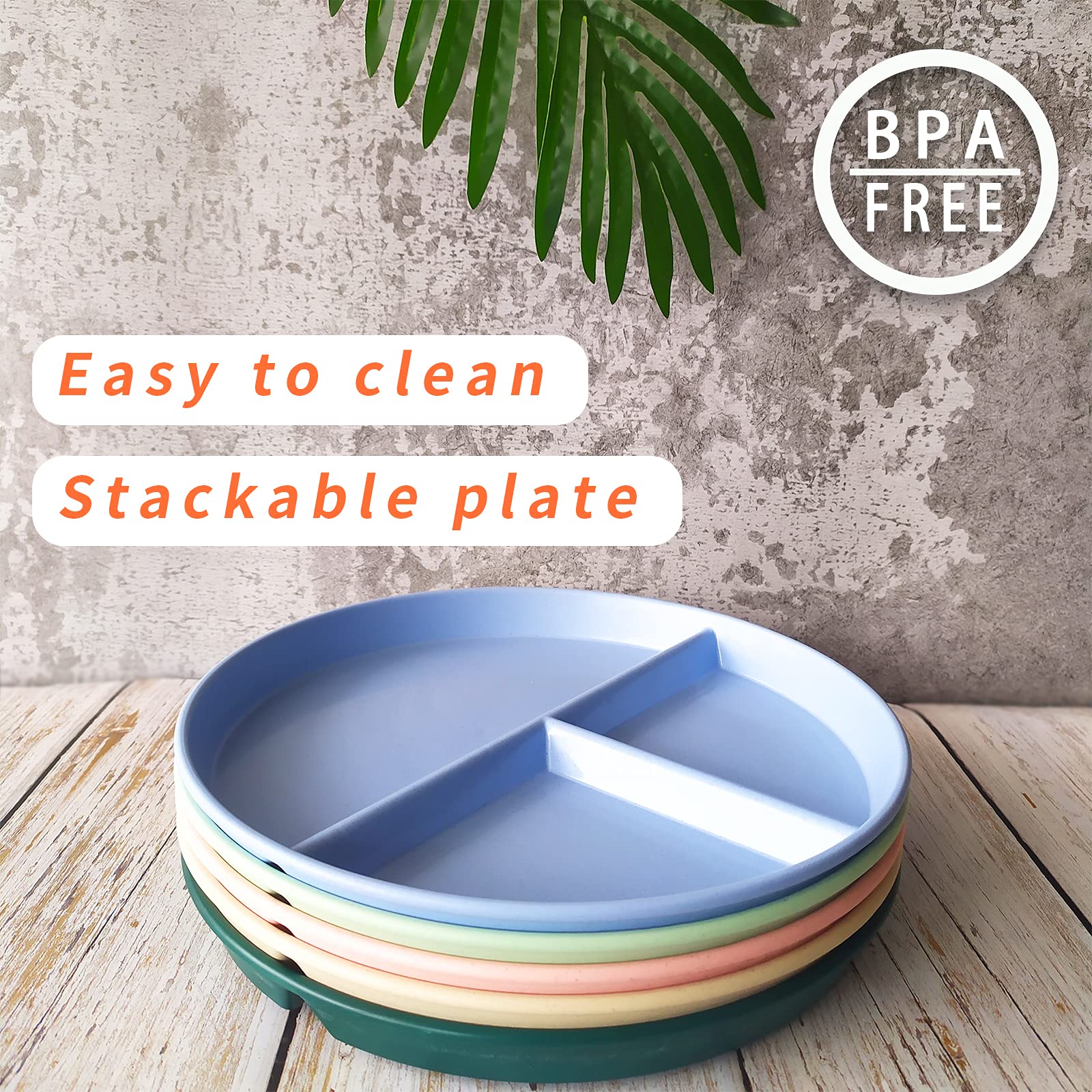 DLF. DONGLINFENG Unbreakable 9 Inch Wheat Plastic Round Divided Dinner Plate Set Of 5 (Divided Plate/Picnic Plate/Salad Plate)