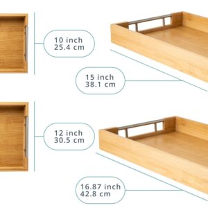 Set of 2 Decorative Serving Trays - Bamboo + Silver Stainless Steel Handles - Coffee Table or Ottoman Tray for Breakfast in Bed Jewelry, Decor Organization - 12"x17" - Pure Bamboo Finish