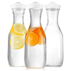 dilabee water carafe with lids - 50 oz - plastic juice pitcher carafes for mimosa bar, milk, smoothie, iced tea - drink containers for fridge - food grade, bpa-free - 3 pack - not dishwasher safe