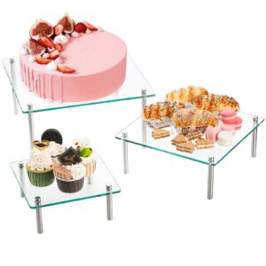 hacaroa 3 pcs square tempered glass cupcake stands, 8, 10, 12 inch clear cake display stand glass retail risers for desserts, pastries, appetizers