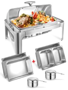 granvell rectangular roll top chafing dish buffet set, catering food warmer for parties, wedding, birthday, christmas, 1 full size & 2 half-size chafing server dish, 14qt water pan