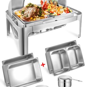 Granvell Rectangular Roll Top Chafing Dish Buffet Set, Catering Food Warmer for Parties, Wedding, Birthday, Christmas, 1 Full Size & 2 Half-Size Chafing Server Dish, 14QT Water Pan