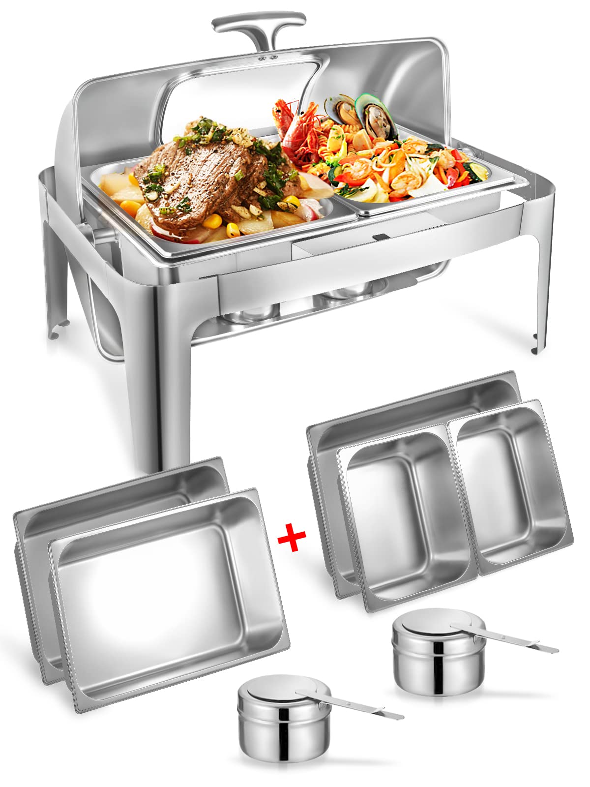 Granvell Rectangular Roll Top Chafing Dish Buffet Set, Catering Food Warmer for Parties, Wedding, Birthday, Christmas, 1 Full Size & 2 Half-Size Chafing Server Dish, 14QT Water Pan