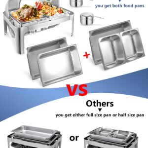 Granvell Rectangular Roll Top Chafing Dish Buffet Set, Catering Food Warmer for Parties, Wedding, Birthday, Christmas, 1 Full Size & 2 Half-Size Chafing Server Dish, 14QT Water Pan