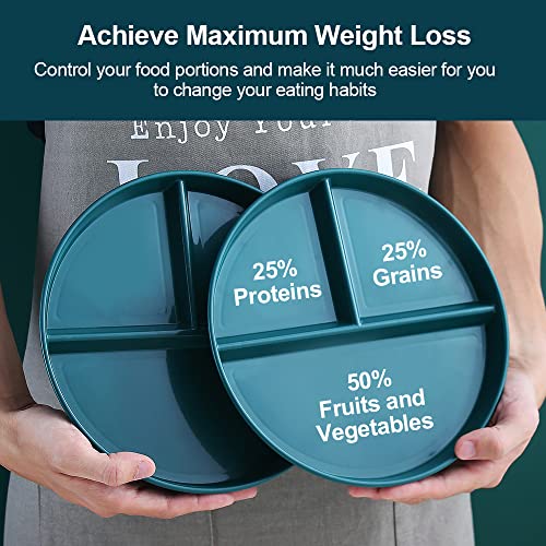 YBOBK HOME Portion Control Plate For Adults Weight Loss, Round Bariatric Portion Control Plate, Reusable Plastic Divided Plate With 3 Compartments, Dishwasher & Microwave Safe (Green 1 Pcs)