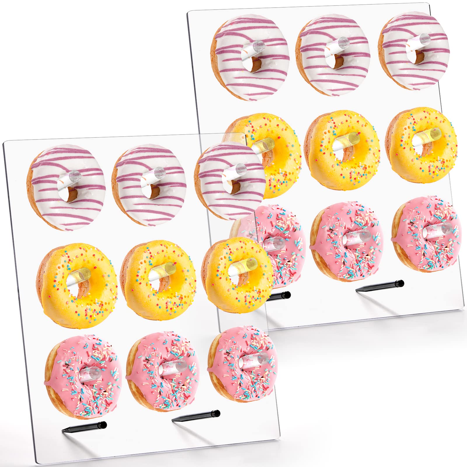 Yesland 2 Pack Upgraded Donut Wall Display Stand - Clear Acrylic Donut Holder Board with 9 Pillars Rectangular Bagels Holds for Party, Baby Shower, Bridal Shower, Wedding Treats - Will Not Tip Over