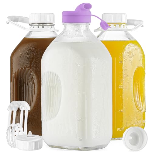 3 Pack 64 Oz Heavy Duty Glass Milk Bottle with Pour Spout and Reusable Airtight SCREW LID, 2 Qt Glass Water Bottle with 2 Exact Scale Lines - Glass Milk Jug Pitcher