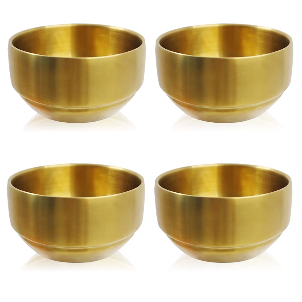 Roucerlin 4Pack Thick 304 Stainless Steel Bowls, Small Double Wall Rice Bowls, Stainless Steel Soup Bowl Salad Bowl Noodle Bowl, Metal Bowls for Fruit Cereal Snack Appetizer (Gold, 4.1in)