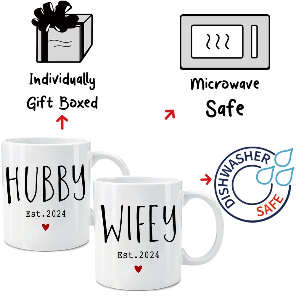 Dnuiyses Hubby & Wifey Est 2024 Coffee Mugs Set of 2, Bride Groom Mug Set, Wedding Gift to Give, Couples Birthday Christmas Coffee Mug Newlywed Coffee Mugs Gift Set, Mr & Mrs Bridal Shower Gift-38