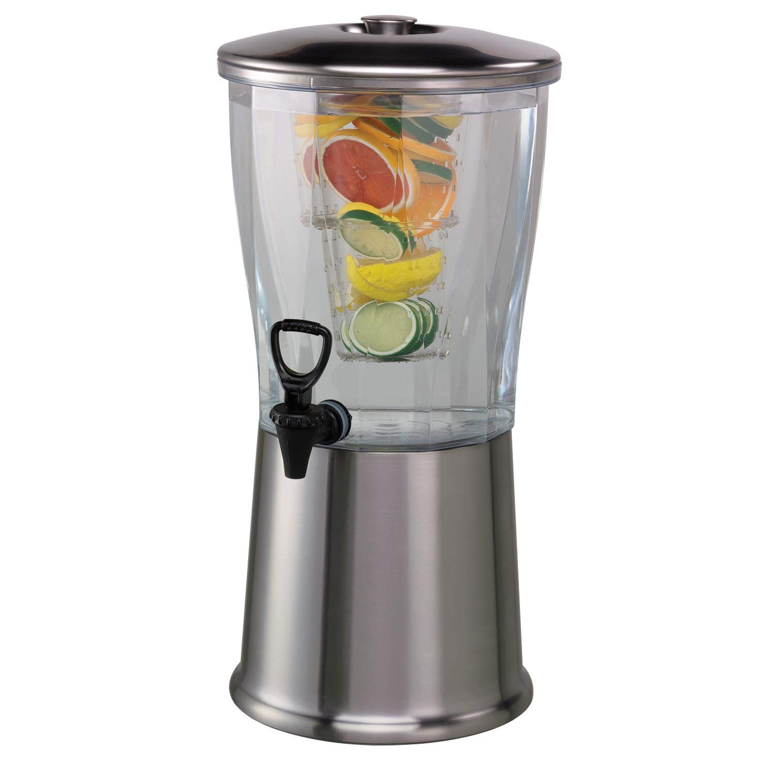 Service Ideas CBDRT3SS Beverage Dispenser, Round, 3 Gallon with Plastic Container and Optional Infuser Tube, Stainless Steel Base and Lid, NSF certified