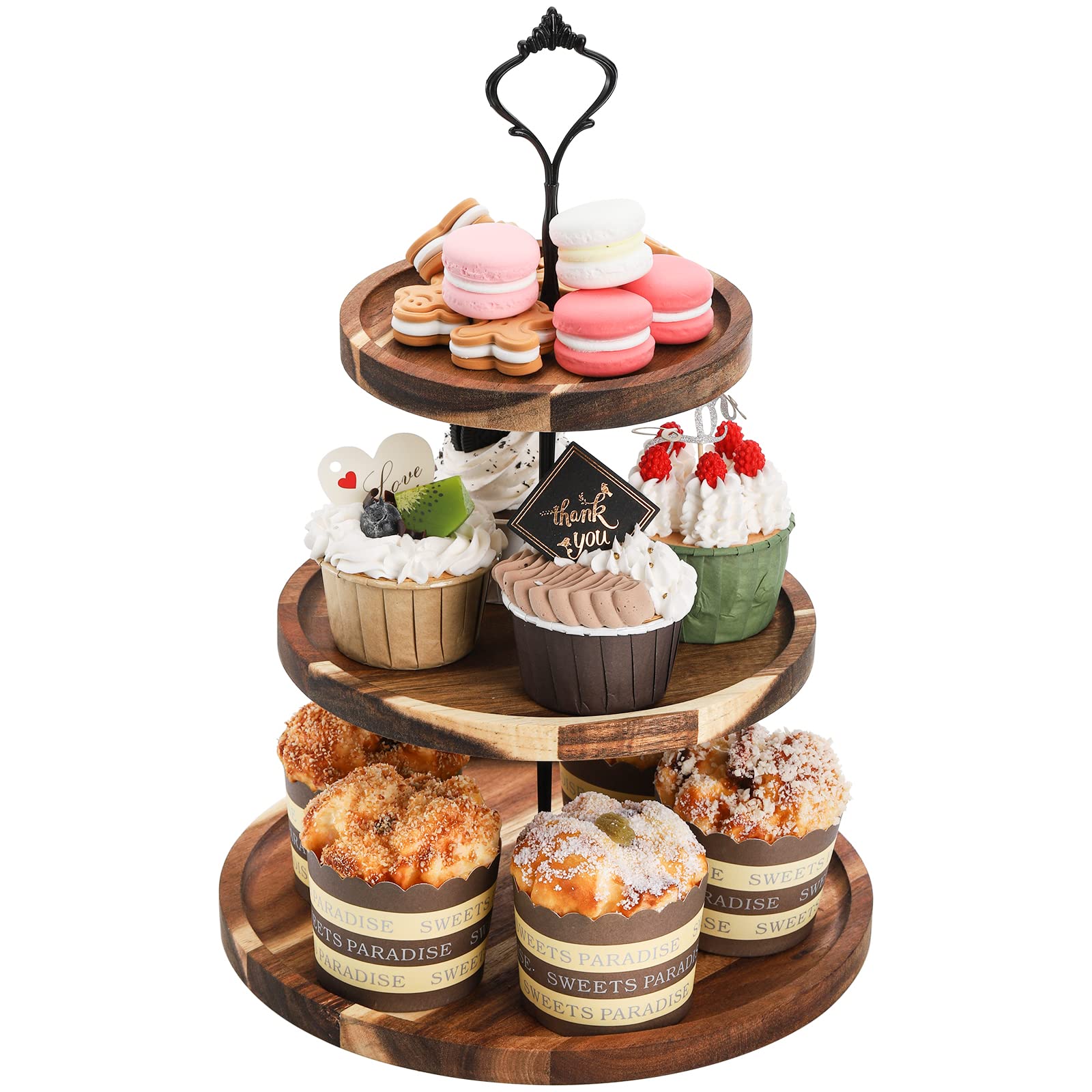 Elsjoy 3 Tier Cupcake Stand, Acacia Wood Dessert Serving Stand, Farmhouse Tiered Cake Stand Cupcake Tower for Wedding, Birthday, Tea Party, Black Crown