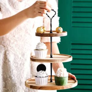 Elsjoy 3 Tier Cupcake Stand, Acacia Wood Dessert Serving Stand, Farmhouse Tiered Cake Stand Cupcake Tower for Wedding, Birthday, Tea Party, Black Crown