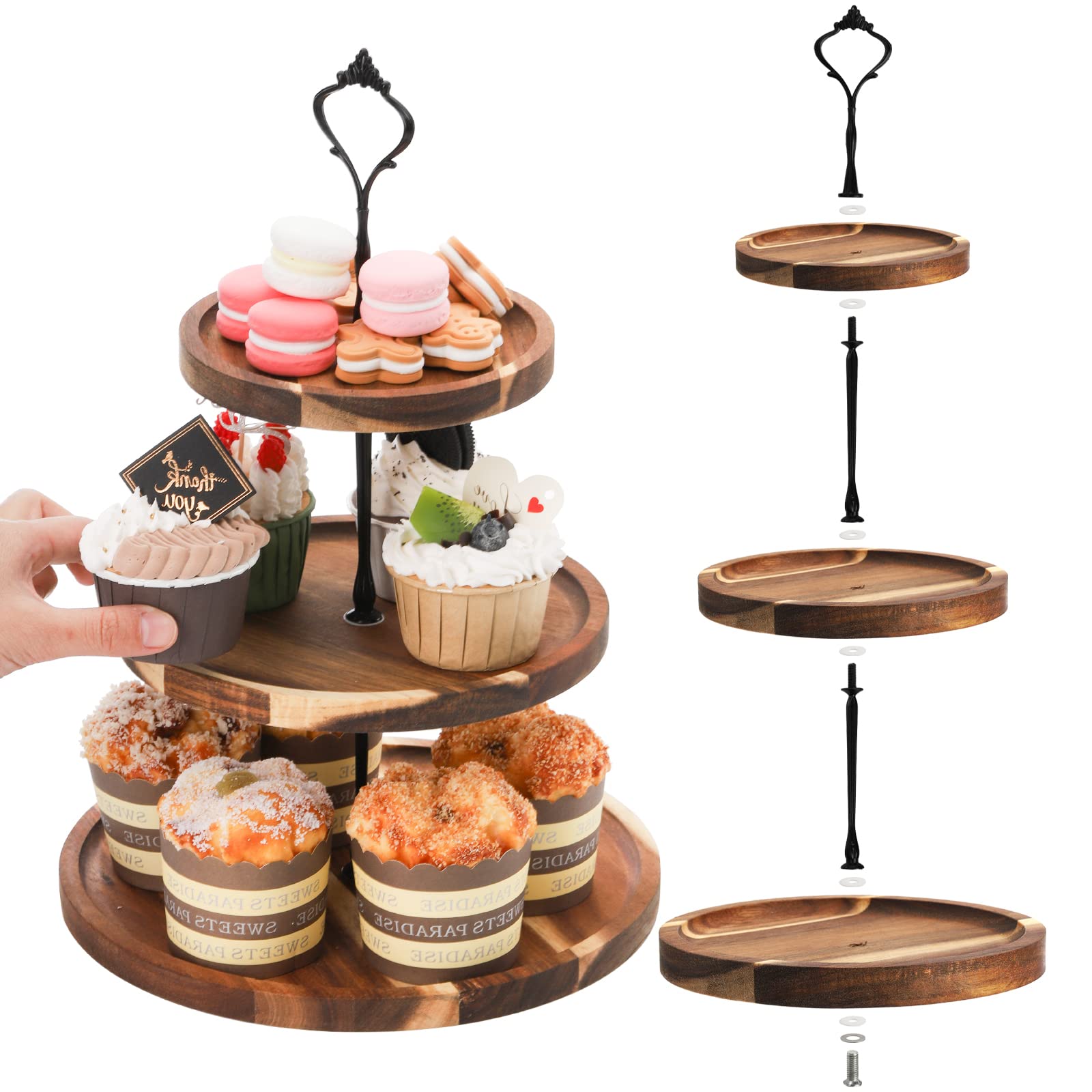 Elsjoy 3 Tier Cupcake Stand, Acacia Wood Dessert Serving Stand, Farmhouse Tiered Cake Stand Cupcake Tower for Wedding, Birthday, Tea Party, Black Crown