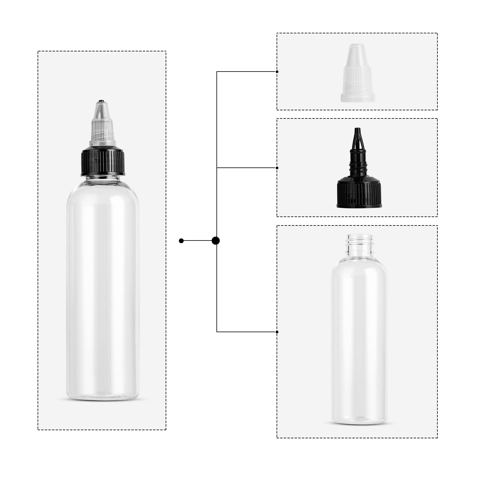 40 Pack Clear Dispensing Bottles, 4oz Round Plastic Squeeze Bottle with Twist Top Caps for Oils/Liquids/Inks/Crafts, Kitchen and Food Grade Household