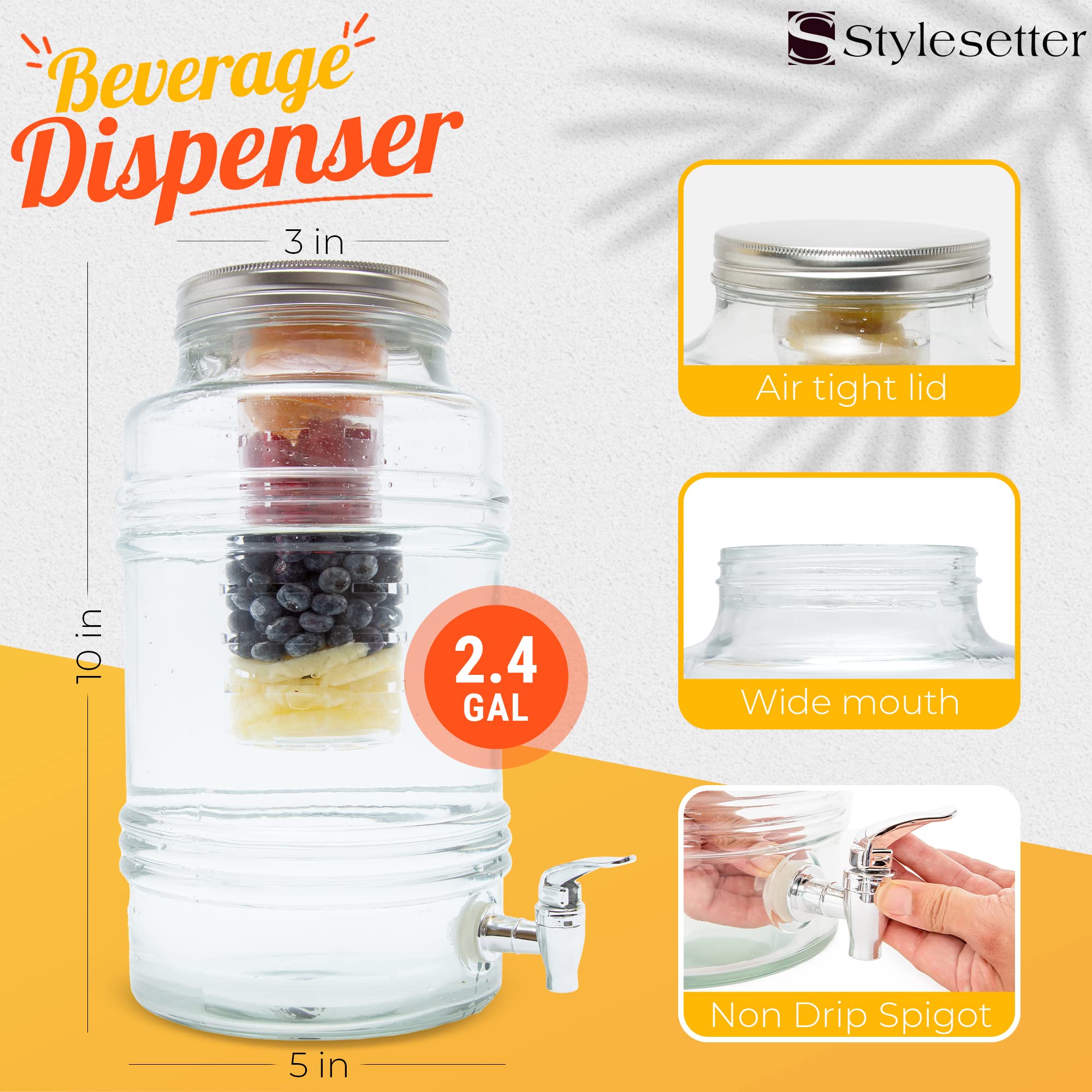 Style Setter Glass Drink Dispenser for Parties - 2.4 Gallon Large Capacity Beverage Dispenser - Easy Assembling with Leakproof Spigot - Fruit Infuser for Best Taste - Galvanized Base Water Dispenser