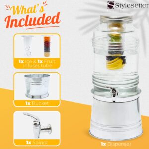 Style Setter Glass Drink Dispenser for Parties - 2.4 Gallon Large Capacity Beverage Dispenser - Easy Assembling with Leakproof Spigot - Fruit Infuser for Best Taste - Galvanized Base Water Dispenser